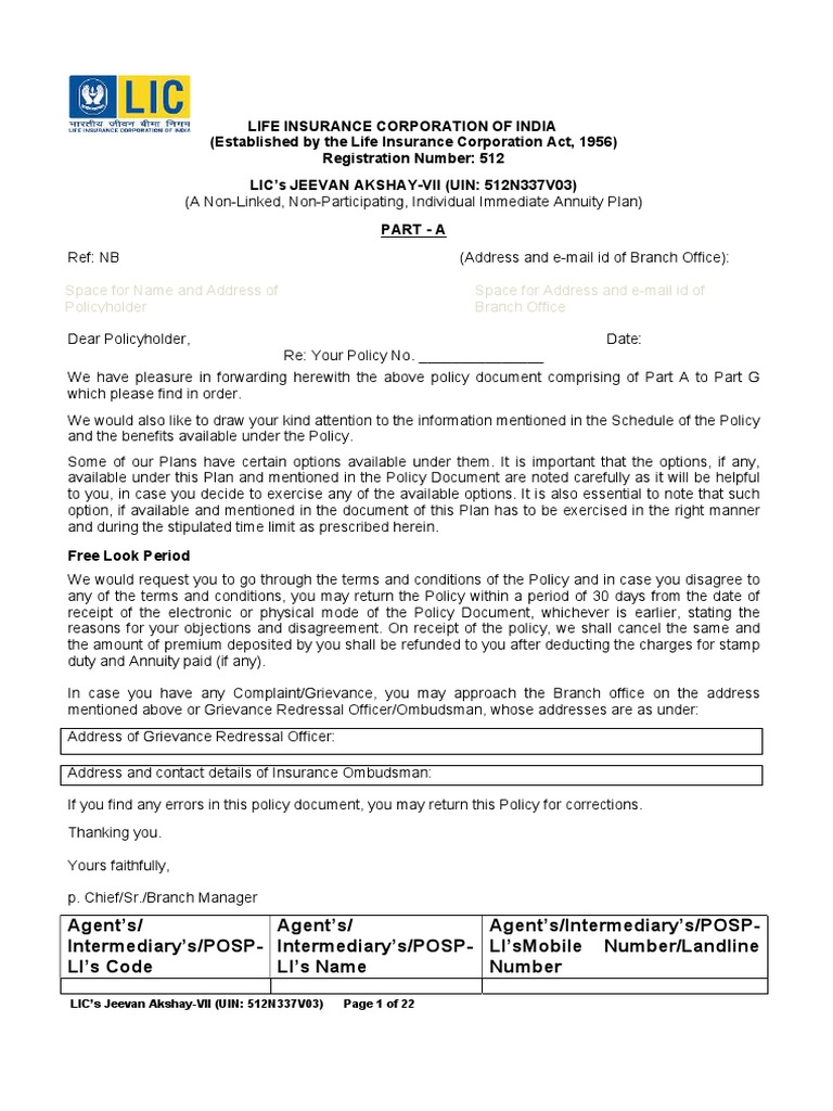 LIC S Jeevan Akshay VII - Pol Doc With LOGO | PDF | Annuity (European ...