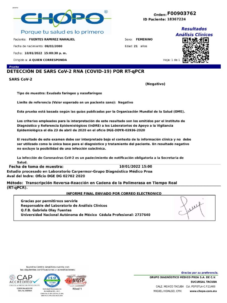 Prueba Covid 19 Chopo | PDF