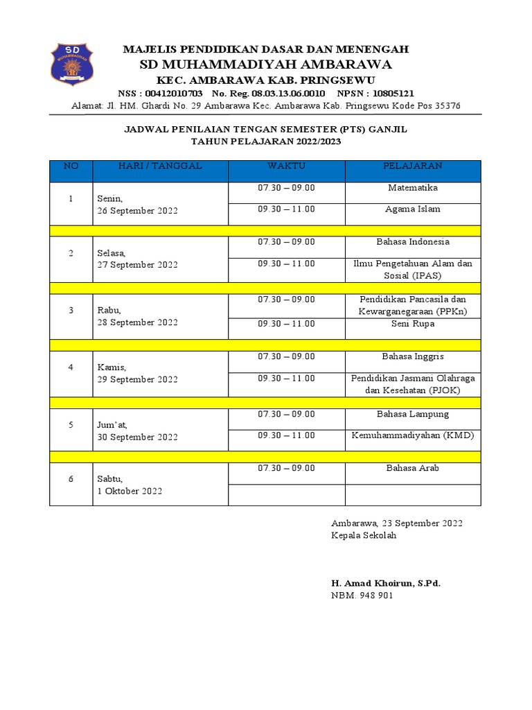 Jadwal PTS 2022-2023 Kelas Iv | PDF