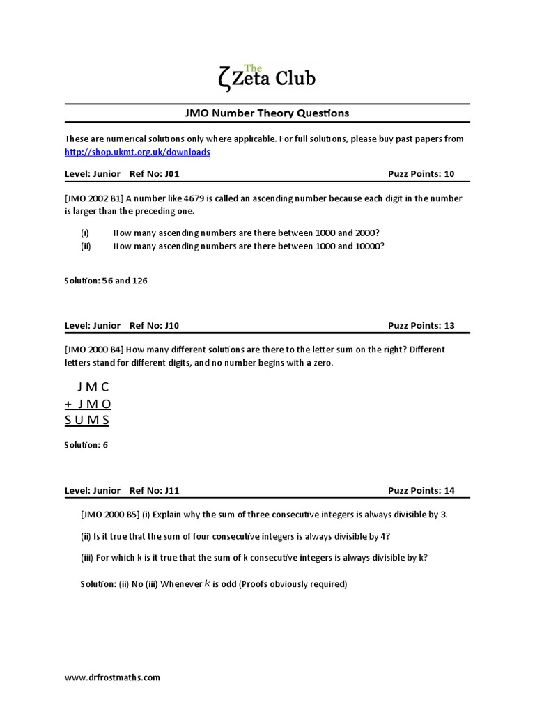JMO NumberTheoryWithSolutions | PDF | Numbers | Mathematical Objects