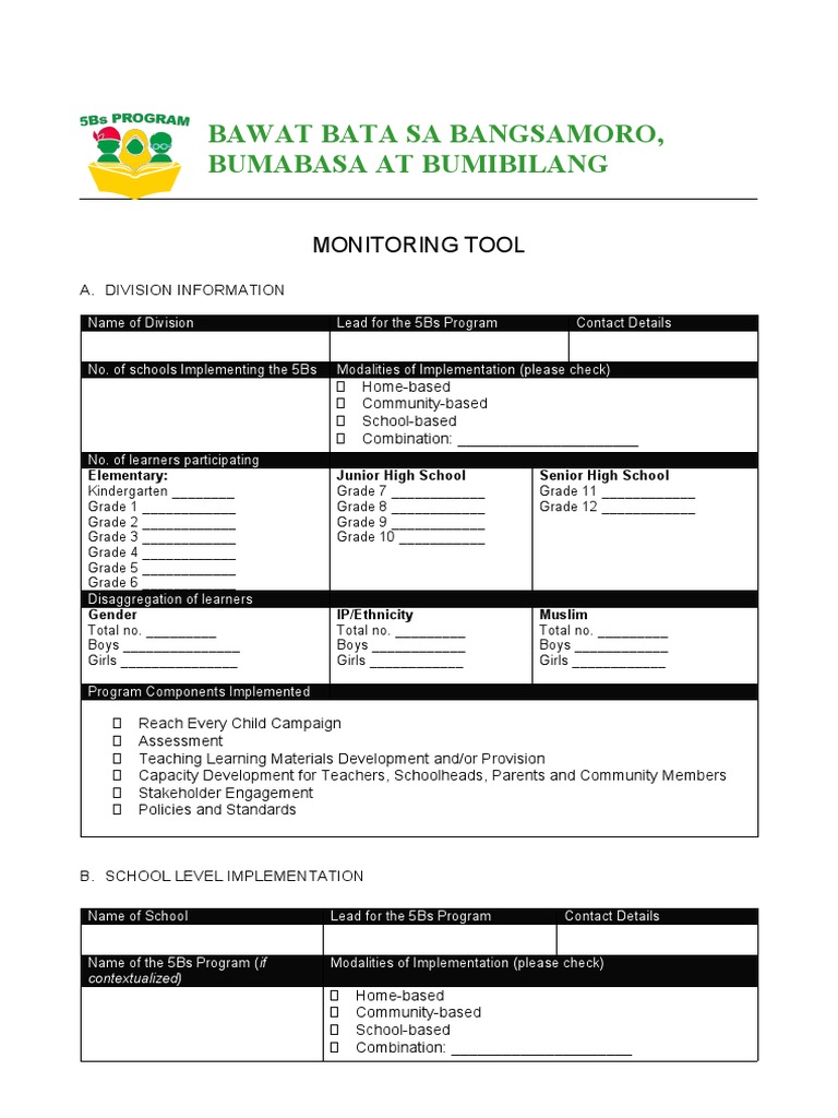 5Bs Implementation Monitoring Tool v2.0 | PDF | Learning | Teachers