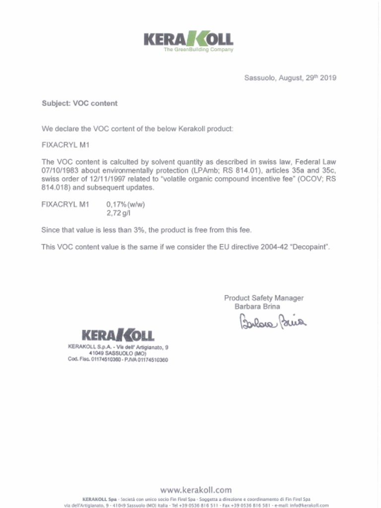 VOC Certificate-3 Fixacryl M1 | PDF