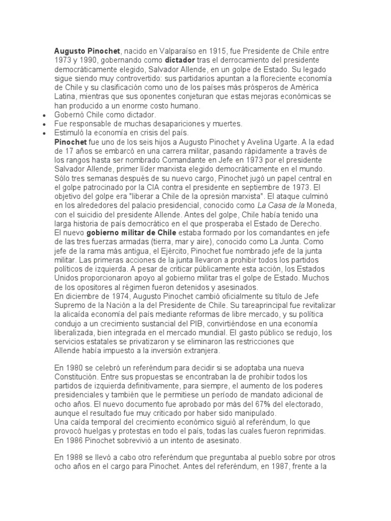 Legado Controversial de Pinochet en Chile | PDF | Augusto Pinochet ...