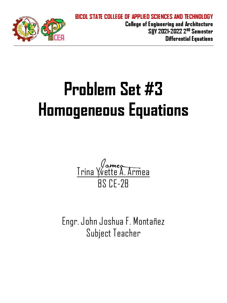 Problem Set 3 - Differential Equations | PDF | Science | Rates