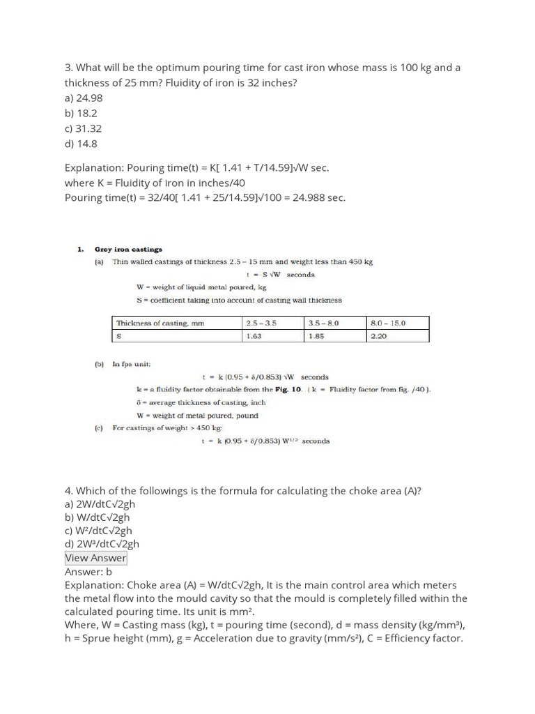 Pouring Time Calculation | PDF | Casting (Metalworking) | Secondary Sector Of The Economy