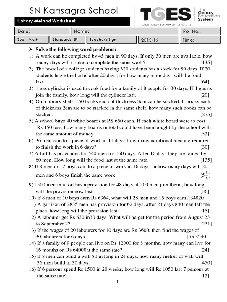 Unitary Method Worksheet for Class 6 | PDF | Economies