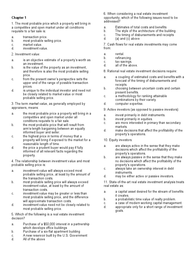 Study Questions 1 4 5 6 | PDF | Investing | Real Estate Investing