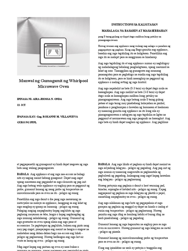 Manwal NG Gumagamit NG Whirlpool Microwave Oven | PDF