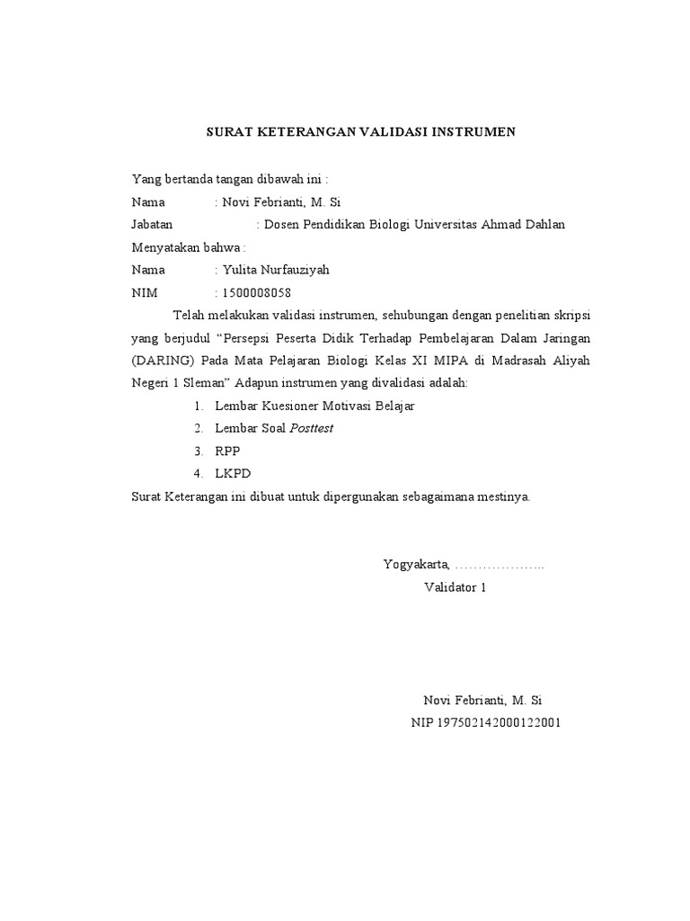 Surat Keterangan Telah Melakukan Validasi Instrumen 4 | PDF