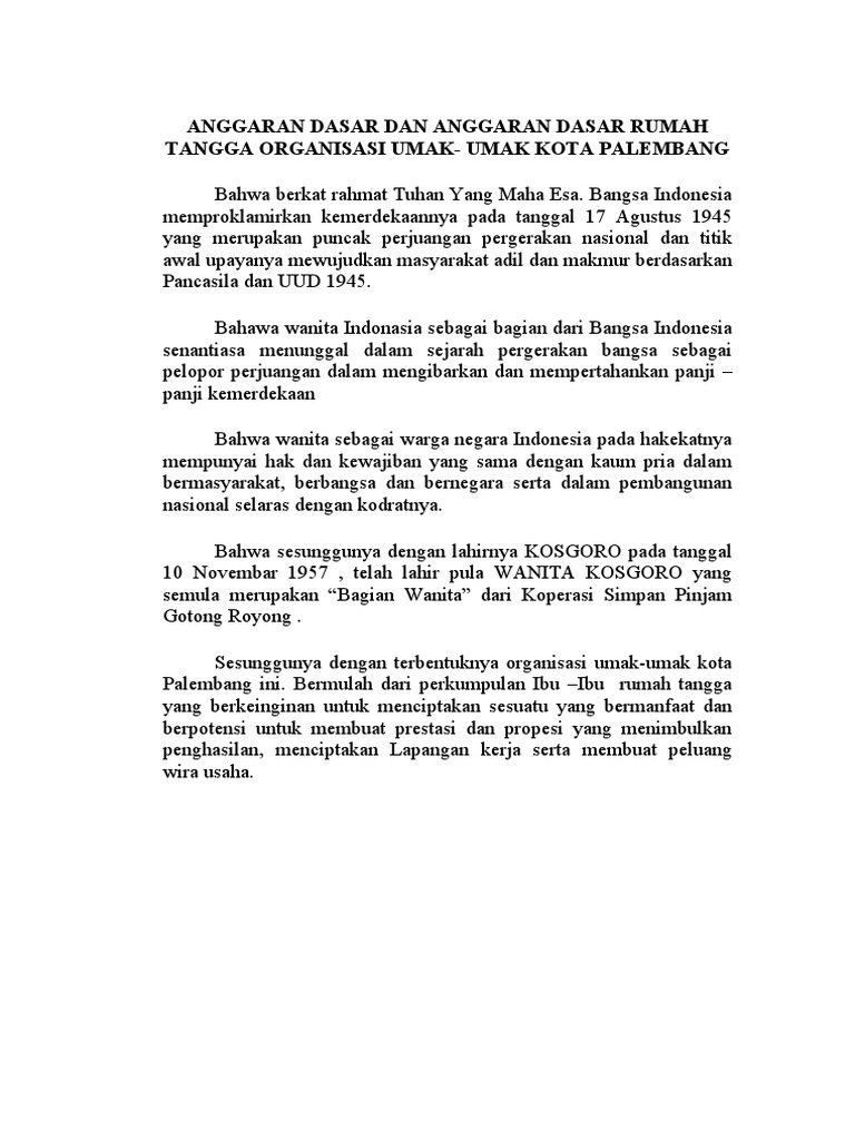 Anggaran Dasar Dan Anggaran Dasar Rumah Tangga Organisasi Umak | PDF