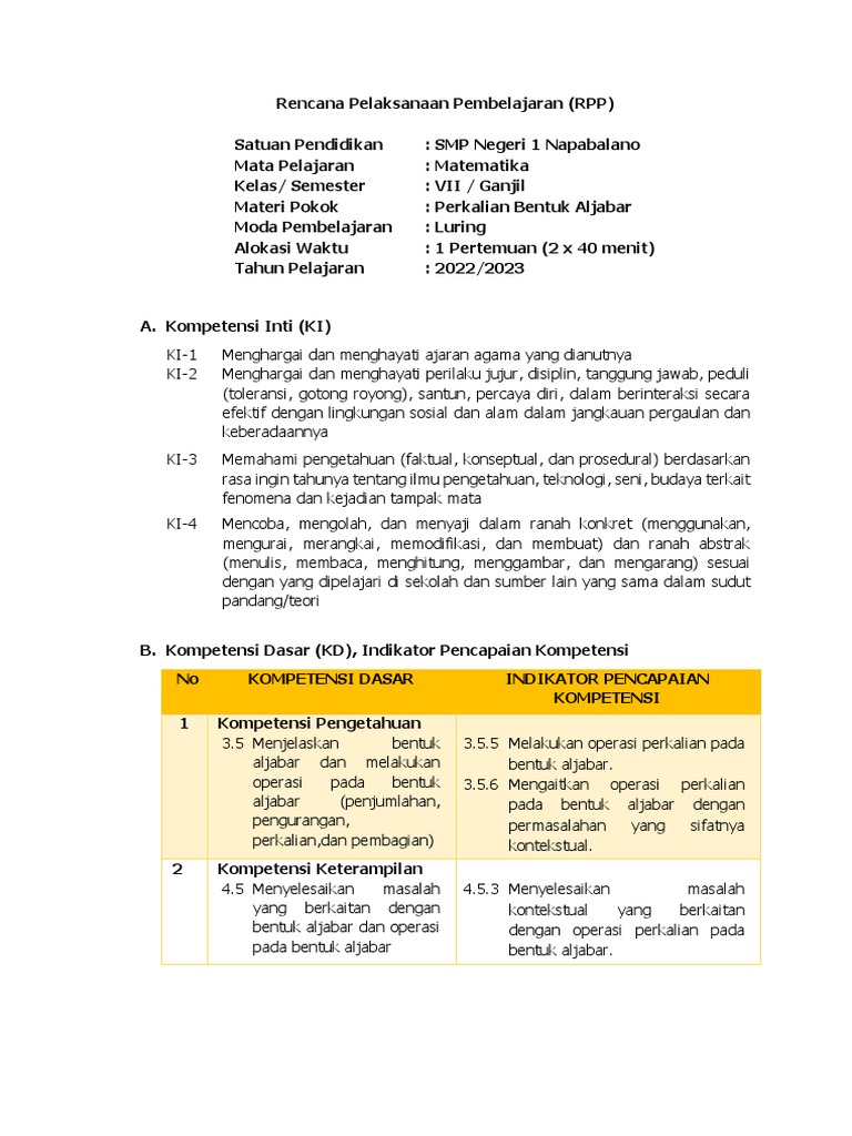 RPP PBL Perkalian Bentuk Aljabar | PDF | Karier & Perkembangan