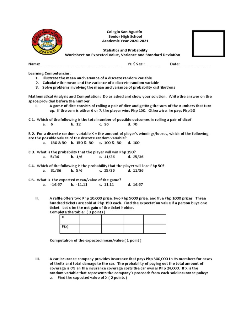 Worksheet On Expected Value Variance and Standard Deviation | PDF ...