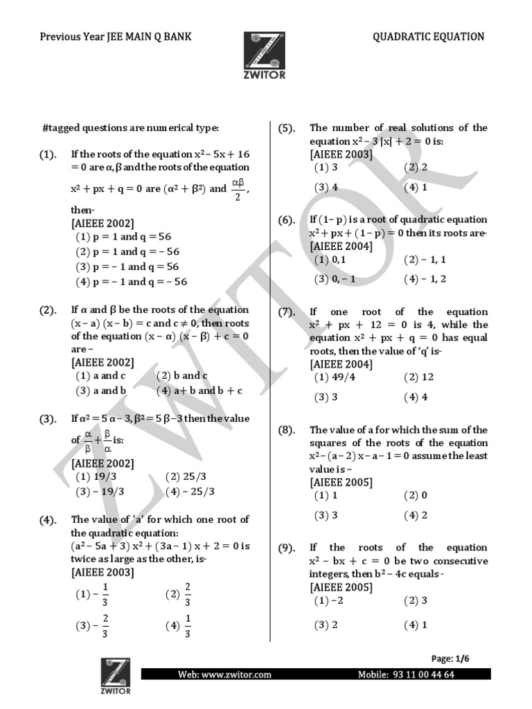 Quadratic Equation Jee Main Pdf Quadratic Equation Equations
