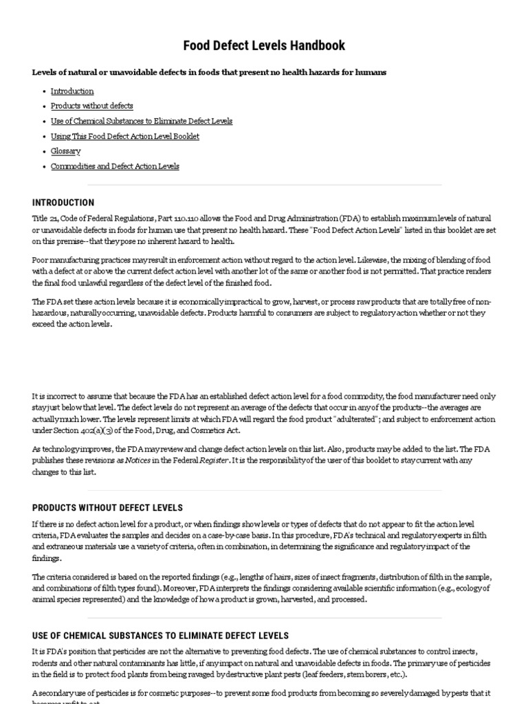 Food Defect Levels Handbook Us Fda Pdf Food And Drug Administration