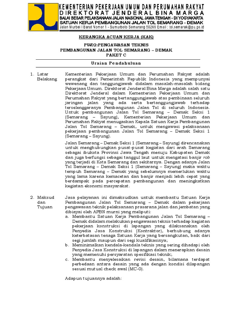 KAK PW02 Pengawasan Teknis Jalan Tol Semarang Demak Paket C | PDF