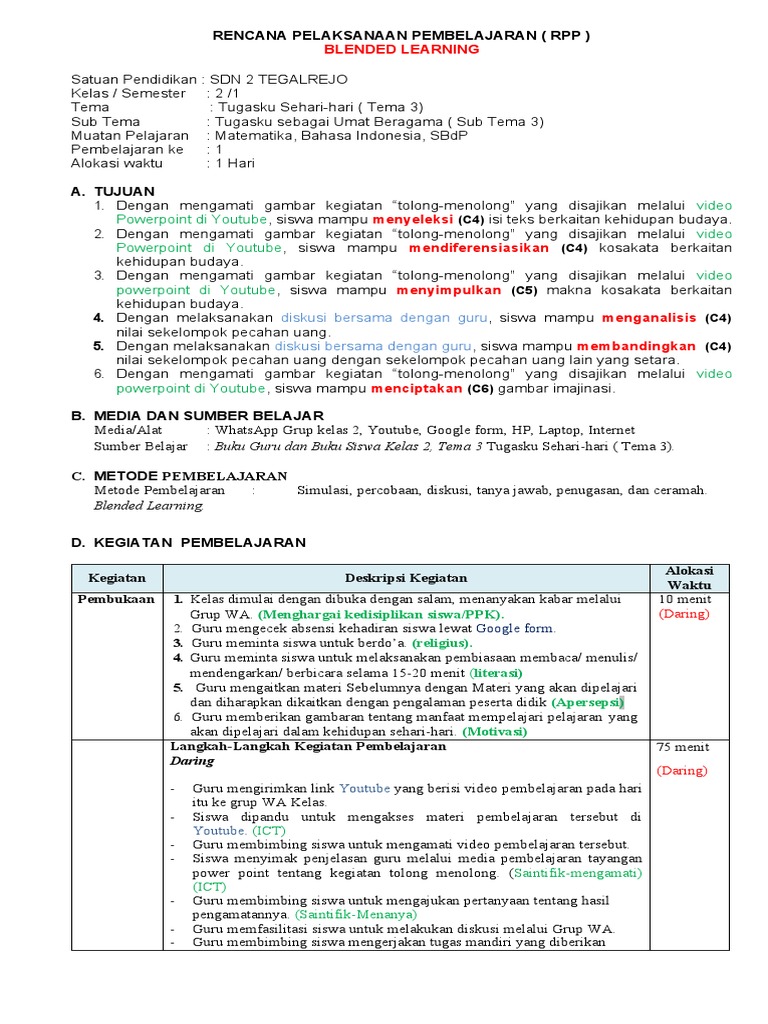 RPP Blended Learning Kelas 2 SDN 2 Tegalrejo | PDF | Karier & Perkembangan | Seni