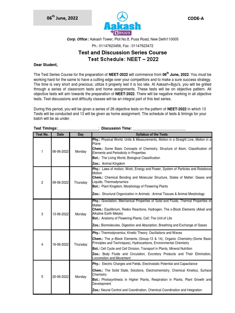 NEET 2022 Test Series Schedule | PDF | Chemistry | Physics
