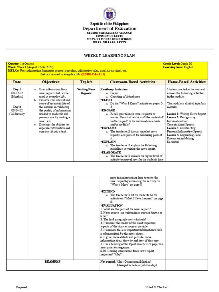 Weekly Learning Plan Week 1 | PDF | Learning | News
