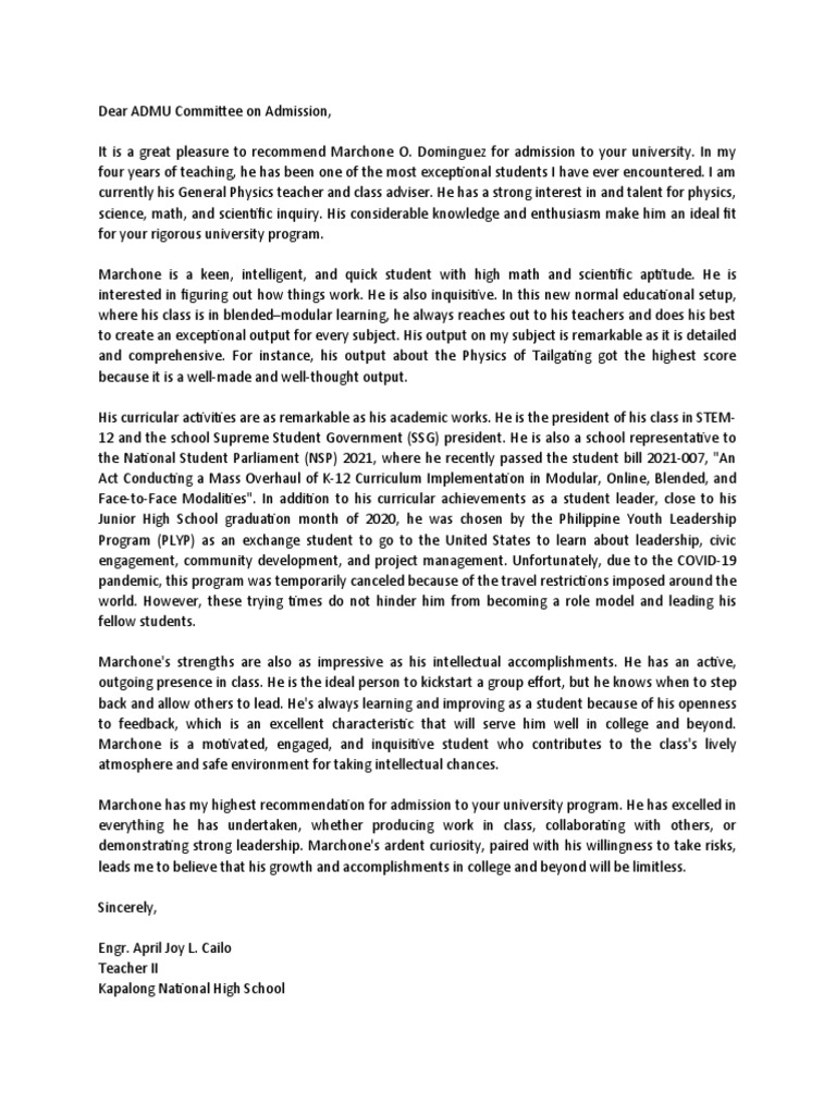 Recommendation Letter | PDF | Curriculum | Teachers