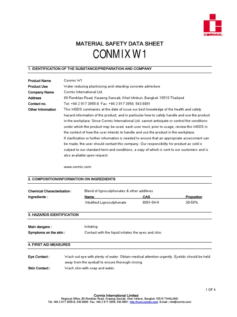 Conmix W1: Material Safety Data Sheet | PDF | Water | Chemical Substances