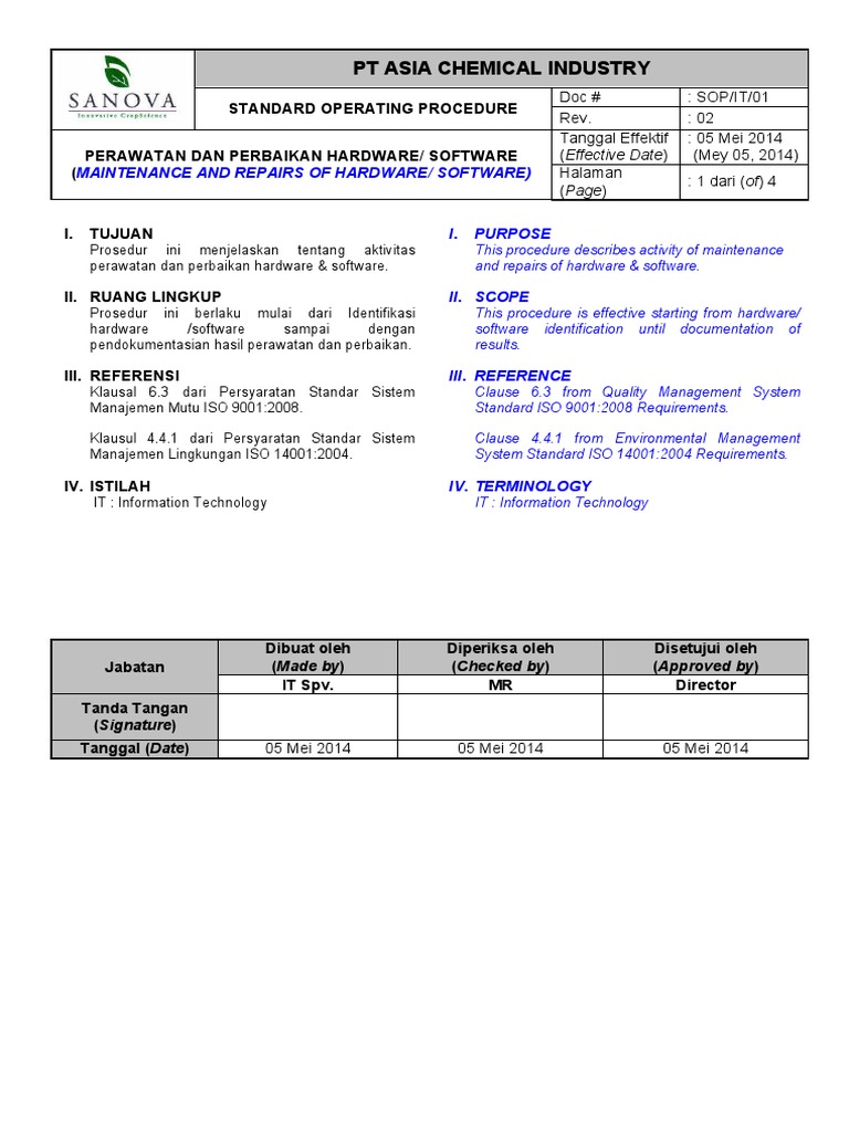 CONTOH SOP It Perawatan Dan Perbaikan Hardware Software | PDF ...