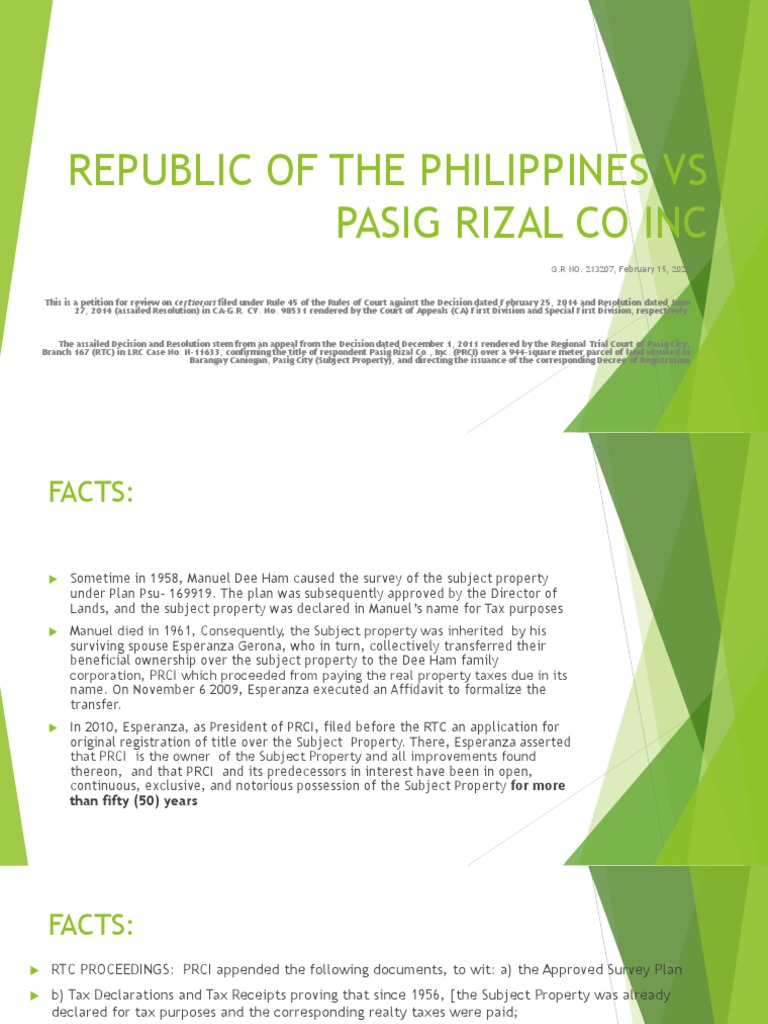 Republic Vs Pasig Rizal Co Case Digest | PDF | Property | Adverse Possession