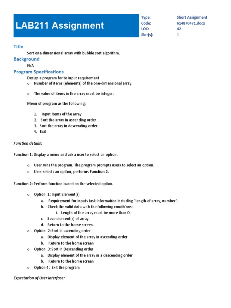 Lab211 Assignment Title Background Program Specifications Pdf 