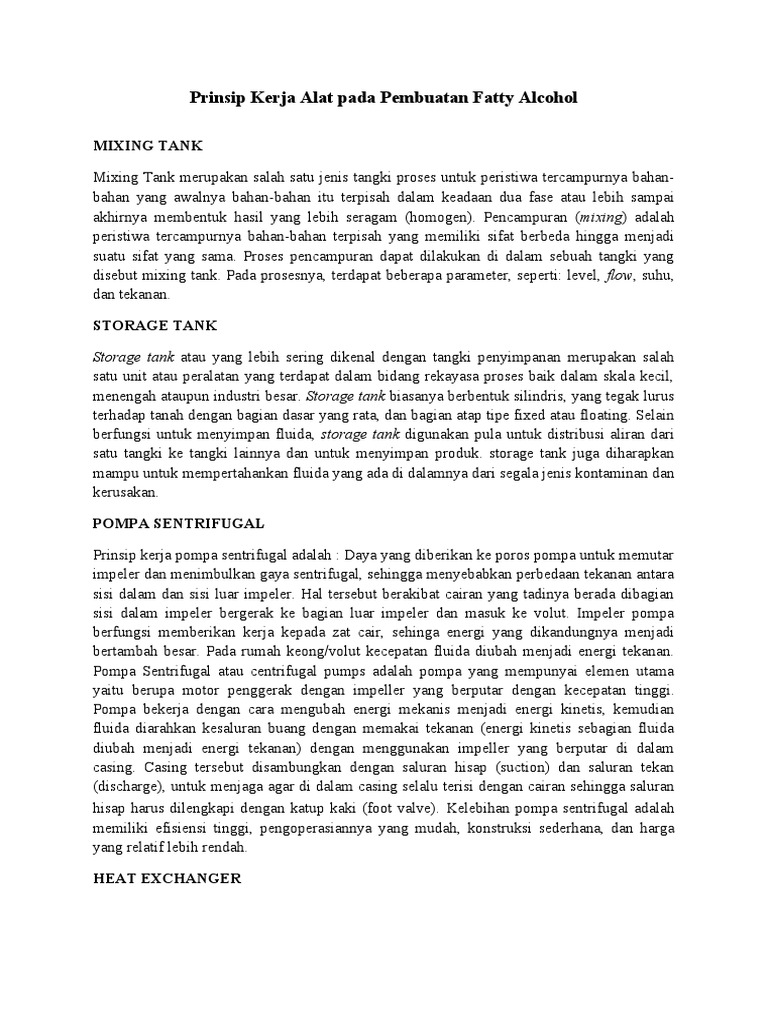 Prinsip Kerja Alat Pada Pembuatan Fatty Alcohol | PDF