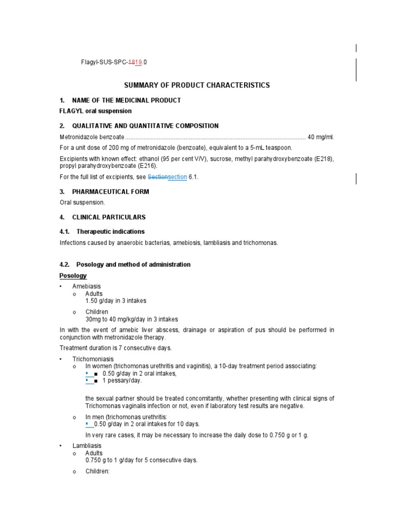 Flagyl Oral Suspension SPC Overview | PDF | Causes Of Death | Medicine