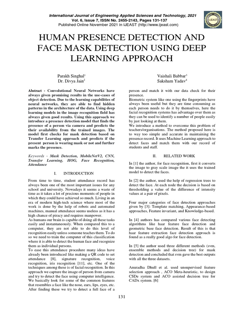 Human Face Mask Detection Using Deep Learning | PDF | Cybernetics | Cognitive Science