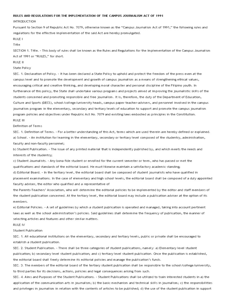 Rules and Regulations For The Implementation of The Campus Journalism ...