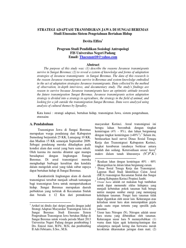Strategi Adaptasi Transmigran Jawa Di Sungai Beremas | PDF | Sains ...
