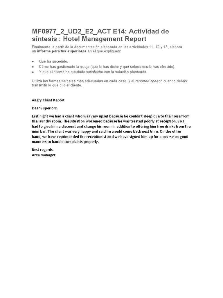 E14 Hotel Management Report | PDF