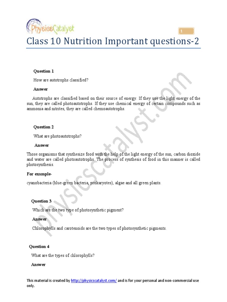 Class10 Nutrition Important Questions 2 | PDF | Photosynthesis | Human Digestive System