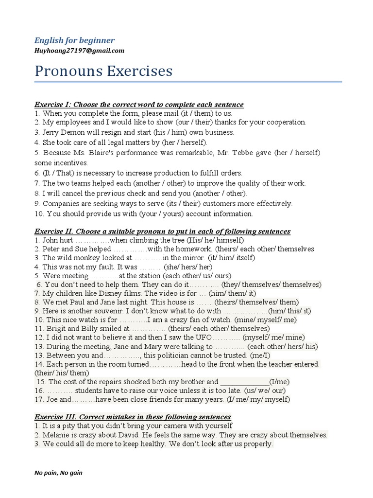 Pronouns Exercises: A Document Providing Multiple Practice Exercises on ...