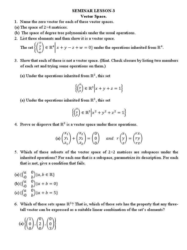 Sem 3 Vector Space Download Free Pdf Linear Subspace Vector Space
