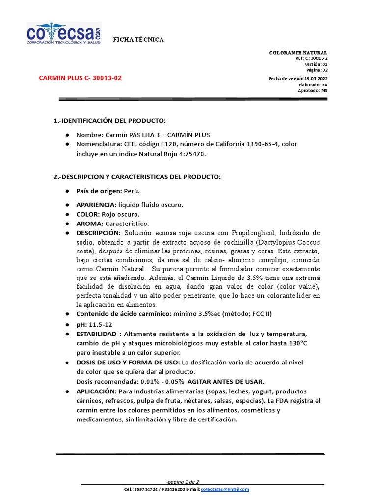 Ficha Técnica Colorante Carmín E120 | PDF | Alimentos | Química