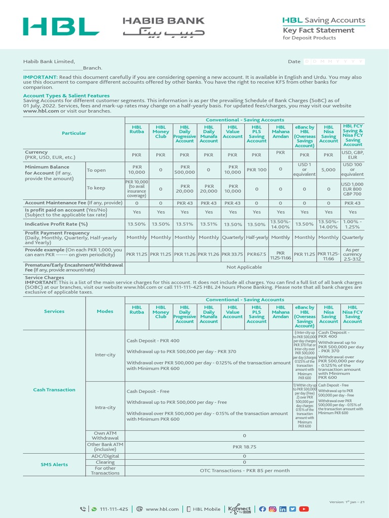 HBL Savings Account Features & Charges | PDF | Cheque | Banks