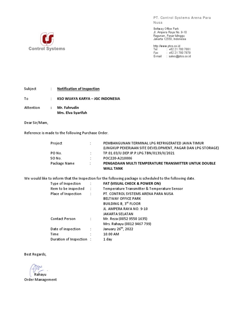 Notification of Inspection POC220-A210006 | PDF