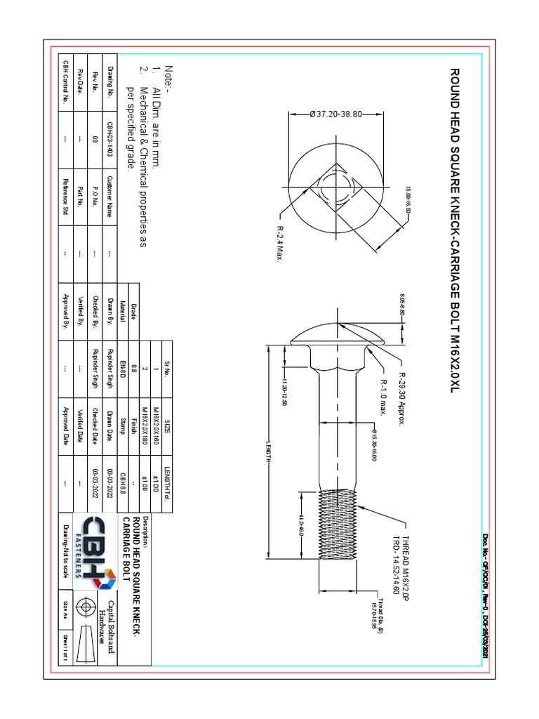 M16X2.0 CARRIAGE BOLT SPECIFICATIONS | PDF | Mechanical Engineering ...