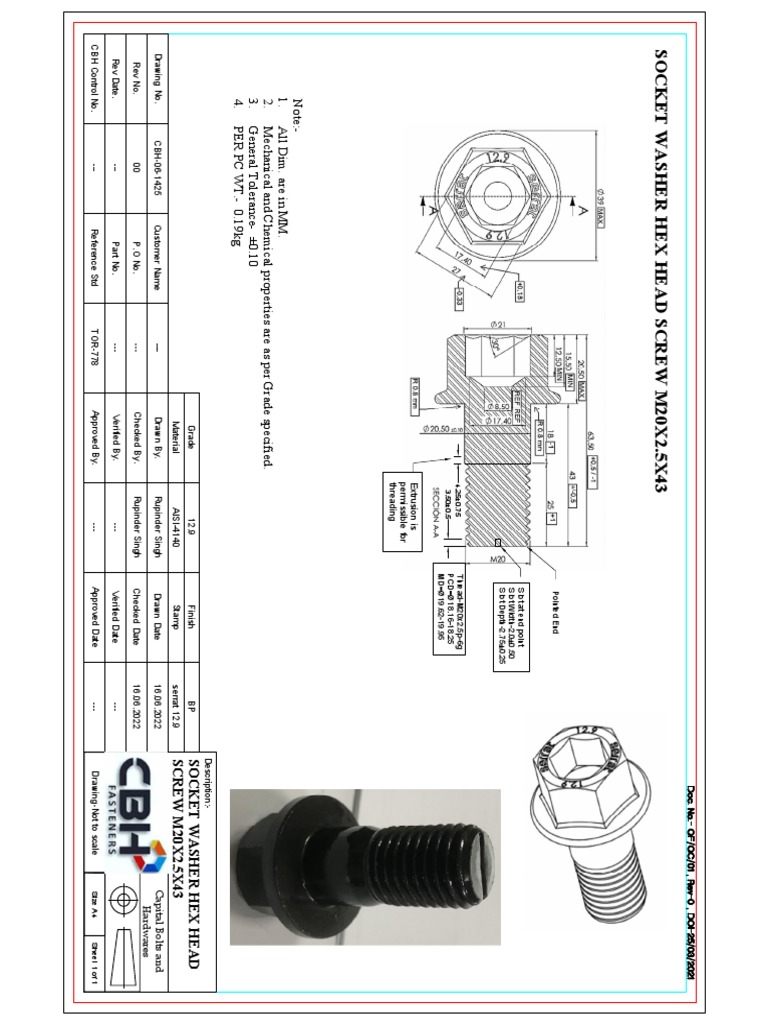 M20 Hex Head Screw Drawing Details | PDF | Screw | Components