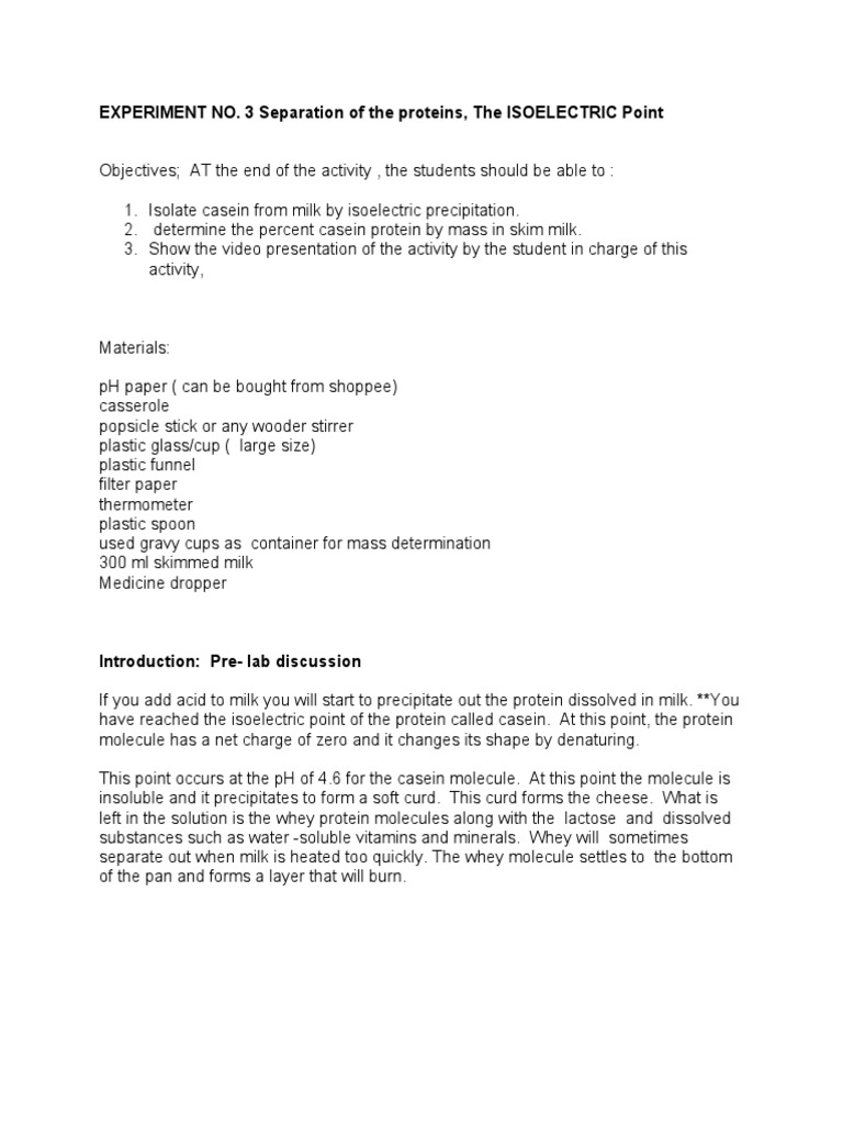 Experiment No 3 Isolation of Casein by Isoelectric Precipitation | PDF ...