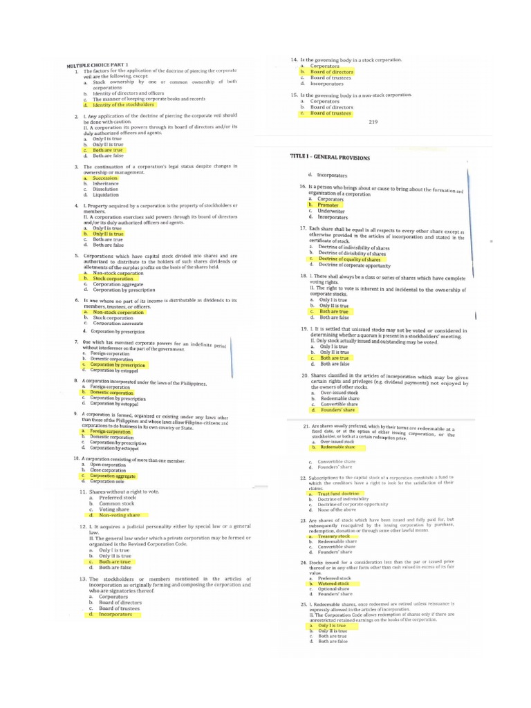 Revised Corporation Code Multiple Choice and Answers | PDF