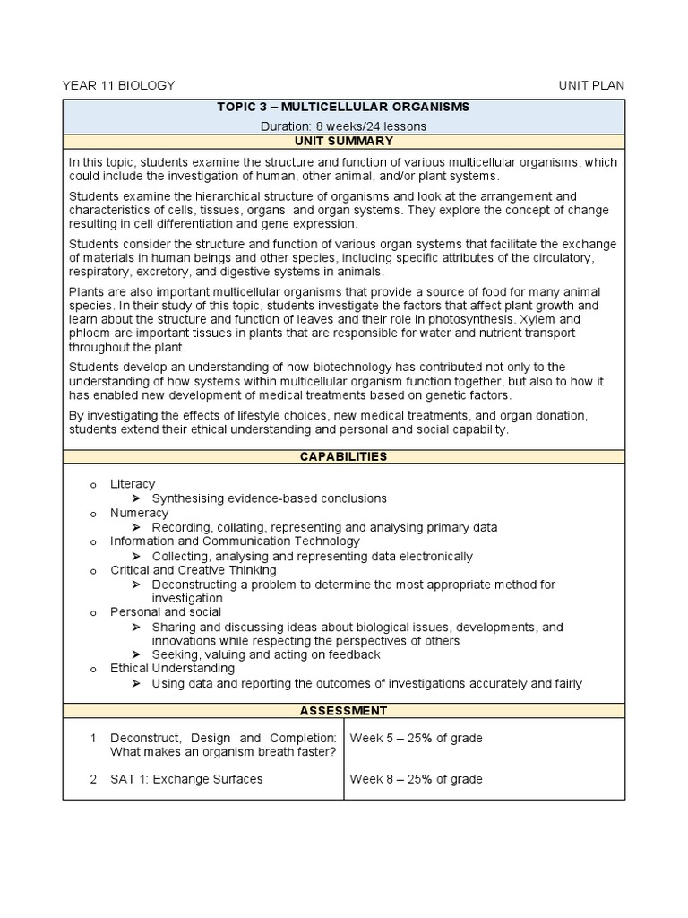 Year 11 Biology Unit Plan | Download Free PDF | Cell (Biology) | Organisms