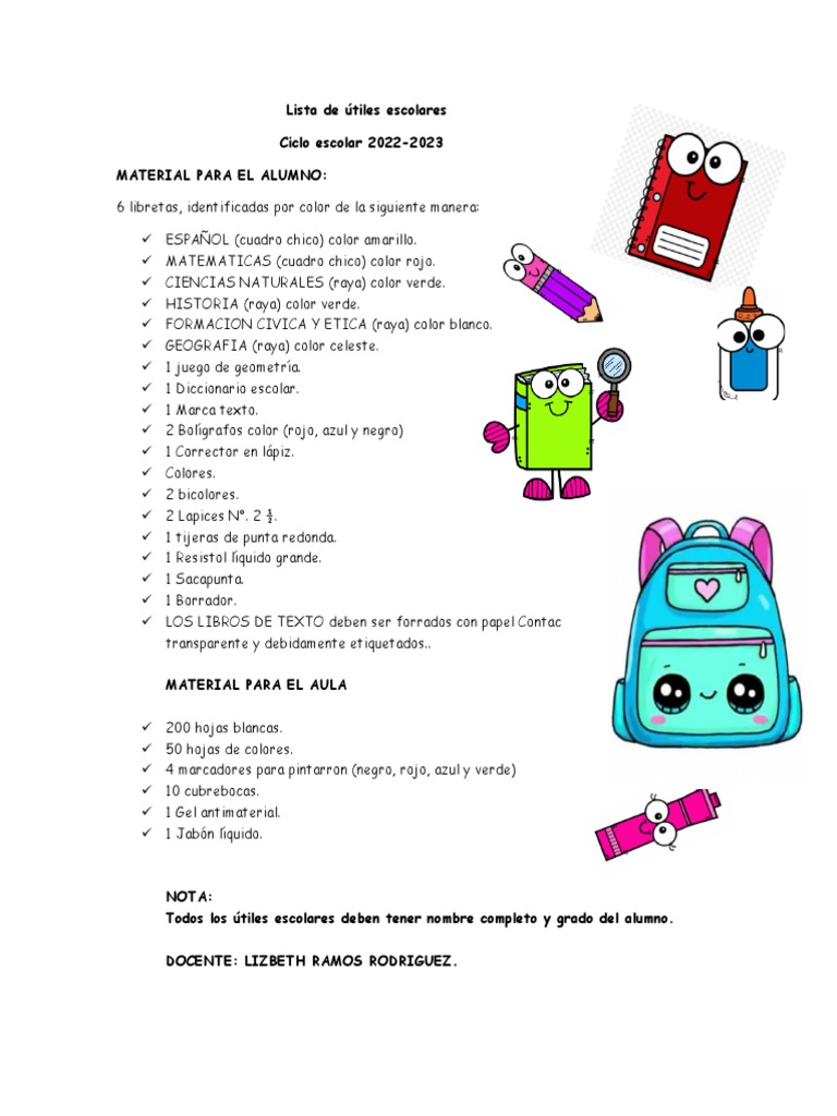 Lista de útiles escolares 6 | PDF