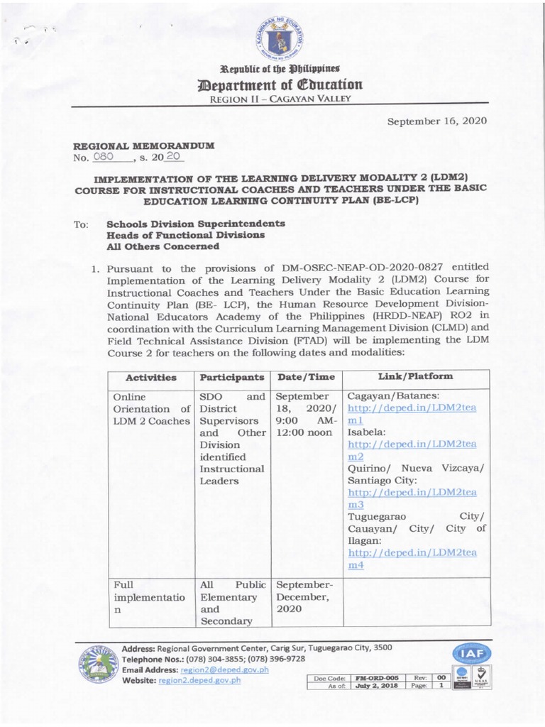 Implementation of The Learning Delivery Modality 2 LDM2 Course For Instructional Coaches and ...