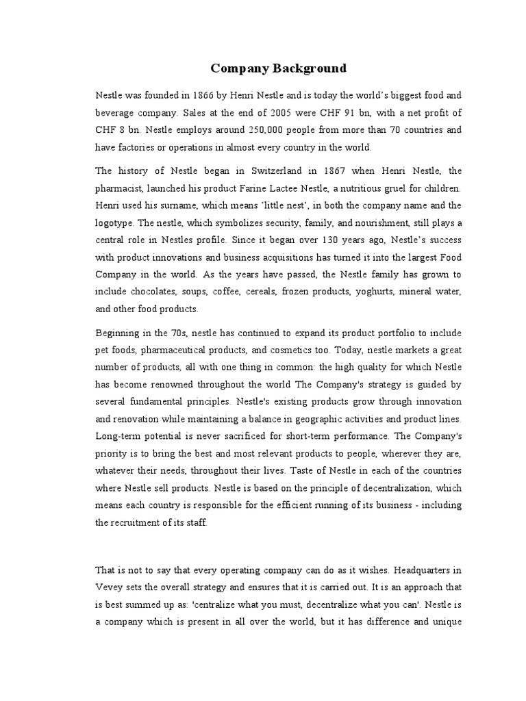Company Background | PDF | Nestlé | Food And Drink