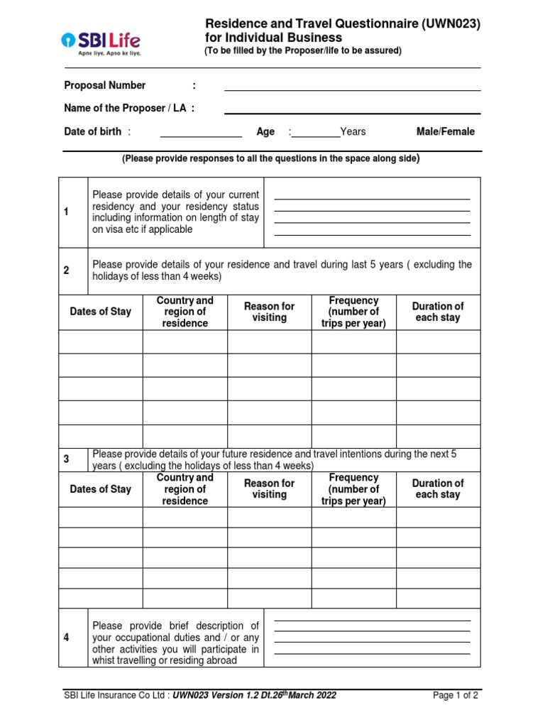 UWN023 Individual Residence and Travel Q | PDF | Life Insurance