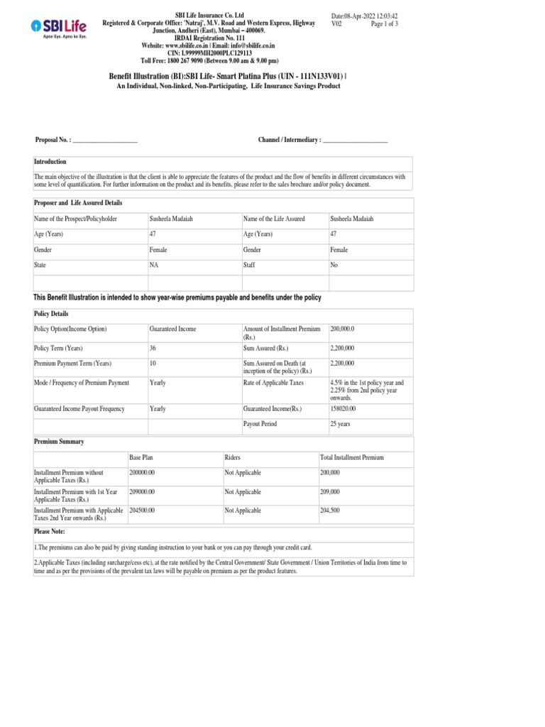 SBI Life Insurance Co. Ltd Benefit Illustration for SBI Life - Smart ...