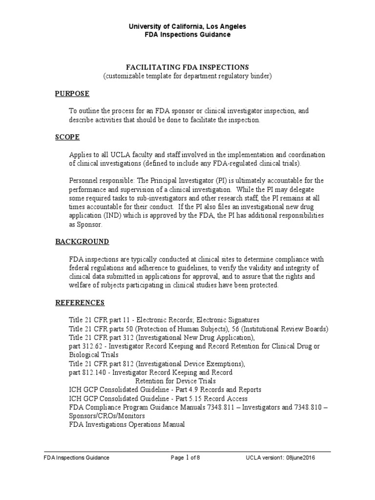UCLA FDA Inspection Guidance 1 | PDF | Clinical Trial | Food And Drug ...